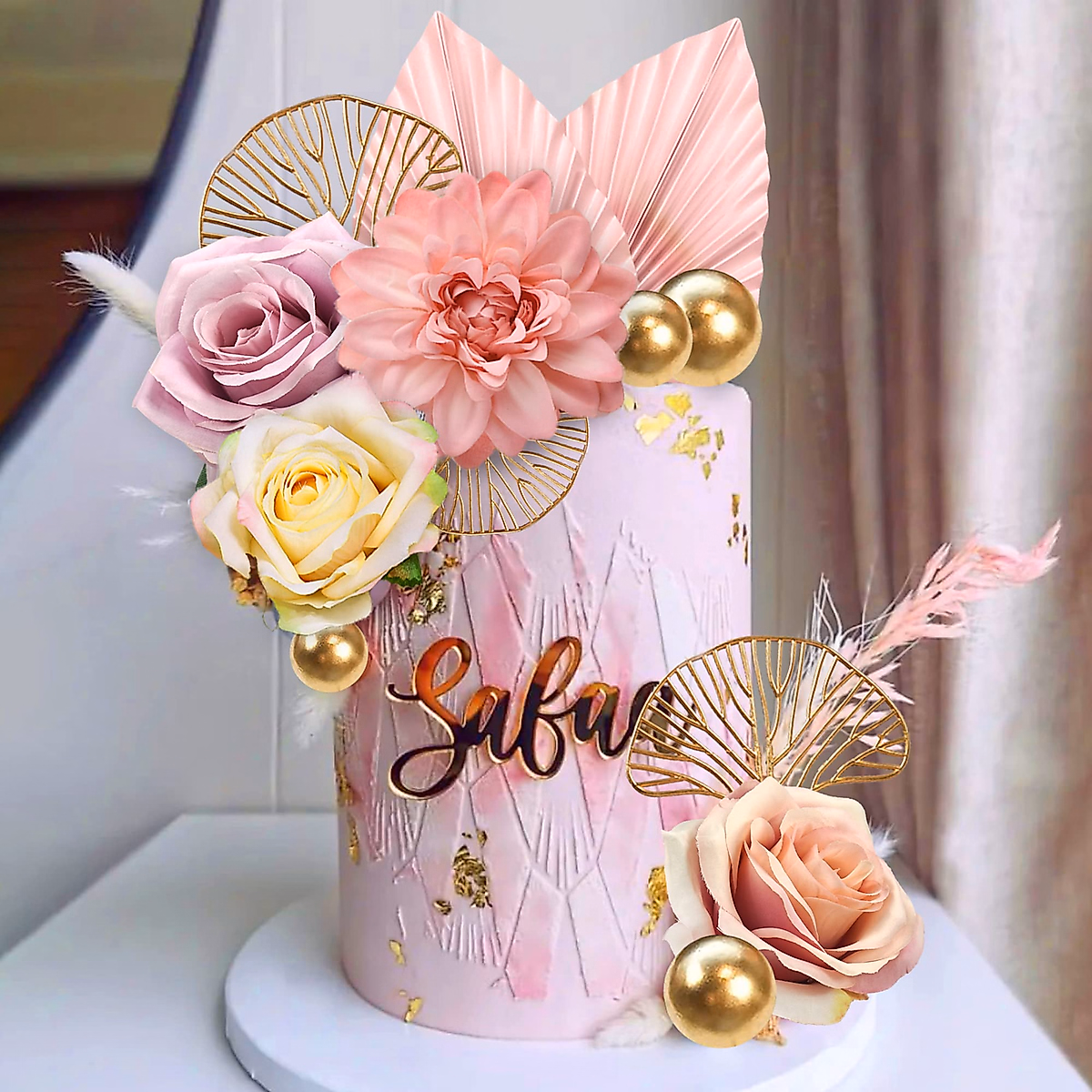 Boho Cake Topper Flower Cake Topper Pink Palm Leaves Cake Decorations with Artificial Rose Ginkgo Leaves and Balls for Wedding Baby Shower Birthday Boho Flower Themed Party Supplies (Pink)