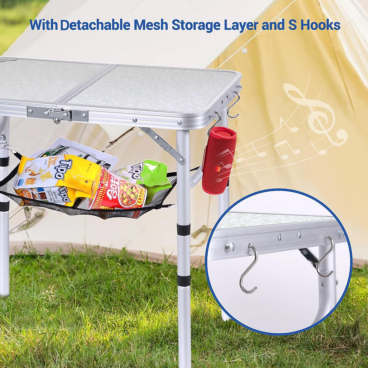 Sportneer Camping Table: Adjustable Height Small Folding Table 23.6" L x 15.7" W 3 Height with Mesh Layer - Compact & Portable Camping Essentials for Outdoor Camp Garden Picnic BBQ Dining Cooking