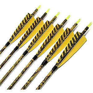 ARCHERY SHARLY 31Inch Carbon Arrow Practice Hunting Arrows for Recurve & Compound Bow with 5" Yellow Camo Turkey Feathers, Arrows with Removable Tips & replaceable nocks (Pack of 12)