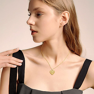 SOULMEET 10k 14k 18k Solid Yellow Gold Angel Wings Heart Shape Locket Necklace That Holds 2 Pictures Personalized Letters Engraved Custom Image Locket (Custom Photo & Text)