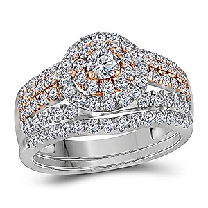 Solid 14k White Gold Round Diamond Double Halo Rose-tone Bridal Wedding Engagement Ring Band Set 1.50 Ct. - Size 8.5