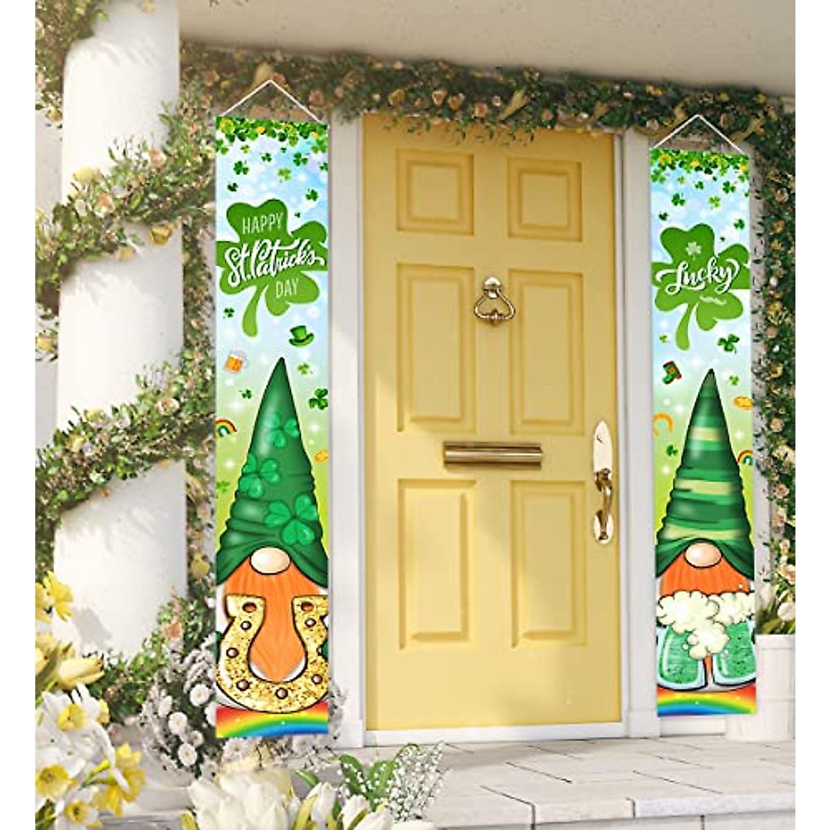 St. Patrick's Day Door Banner-Shamrock Gnomes Porch Signs Irish Happy St. Patrick's Day Party Supplies Green Gnomes Lucky Banner for St. Patrick's Day Outdoor Decorations