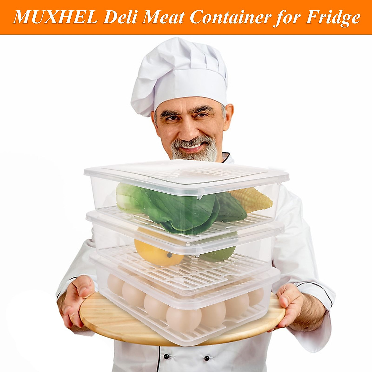 MUXHEL 8 Pcs Food Storage Container for Fridge, X-Large Fruit Storage Containers for Fridge with Lid and Removable Drain Plate, Plastic Freezer Storage Containers for Storing Fruits, Vegetables, Meat