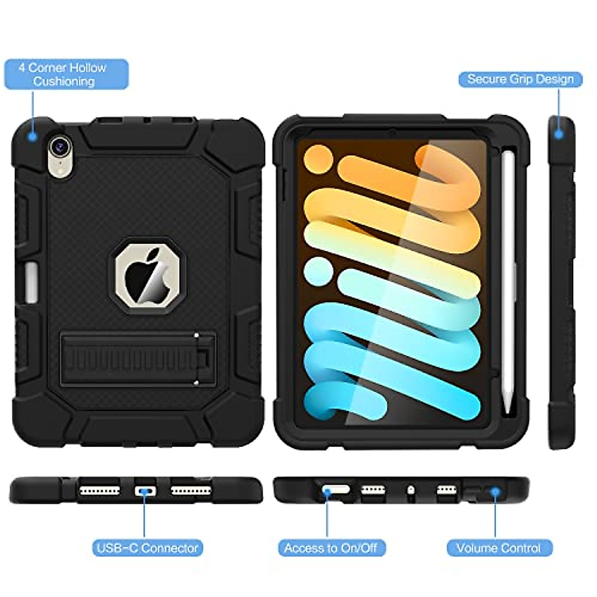 Azzsy Case for iPad Mini 6 8.3 Inch 2021 with Pencil Holder, Slim Heavy Duty Shockproof Rugged Protective Kids Case for iPad Mini 6th Generation 8.3”2021,Black