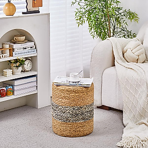 Ottoman Foot Rest Stool Round Natural Seagrass Foot Stool Hand-Woven Boho Pouf Ottomans Home Decor Footstool Extra Seating for Living Room Bedroom Entryway Grey
