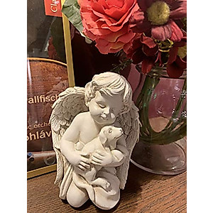 Angel with Dog Statue Pet Dog Memorial Statue Indoor Outdoor Home Garden Guardian Rememberance Dog Puppy Figurine, 7-in