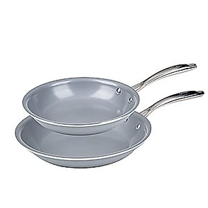 Goodful Ceramic Nonstick 2 Piece Frying Pan Set, 8 Inch and 9.5 Inch Skillets, Dishwasher Safe Pots and Pans, Comfort Grip Stainless Steel Handle, Made without PFOA, Gray