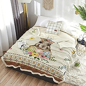 Fantasy Staring Easter Bunny Sherpa Fleece Throw Blanket - Farmhouse Easter Eggs Rabbit Spring Flower Fluffy Super Soft Microfiber Blanket Fuzzy Blanket for Couch Bed Sofa 50 x 80 Inches