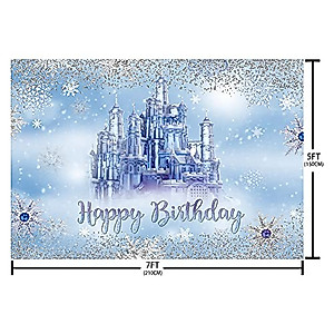 AIBIIN 7x5ft Winter Happy Birthday Backdrop for Baby Blue Winter Onederland Castle Glitter Snowflake Wonderland Photography Background Princess Prince Bday Party Decoration Banner Photo Booth Studio