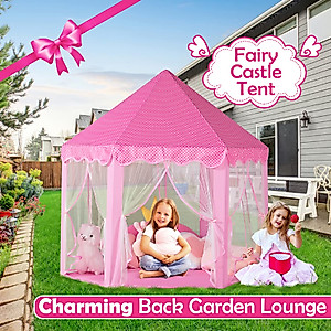 wilwolfer Princess Castle Play Tent for Girls Large Kids Play Tents Hexagon Playhouse with Star Lights Toys for Children Indoor Games (Pink)