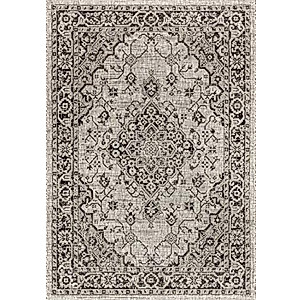 JONATHAN Y SMB102D-4 Rozetta Boho Medallion Textured Weave Indoor Outdoor Area -Rug Coastal Bohemian Rustic Glam Easy -Cleaning Bedroom Kitchen Backyard Patio Non Shedding, 4 X 6, Gray/Black