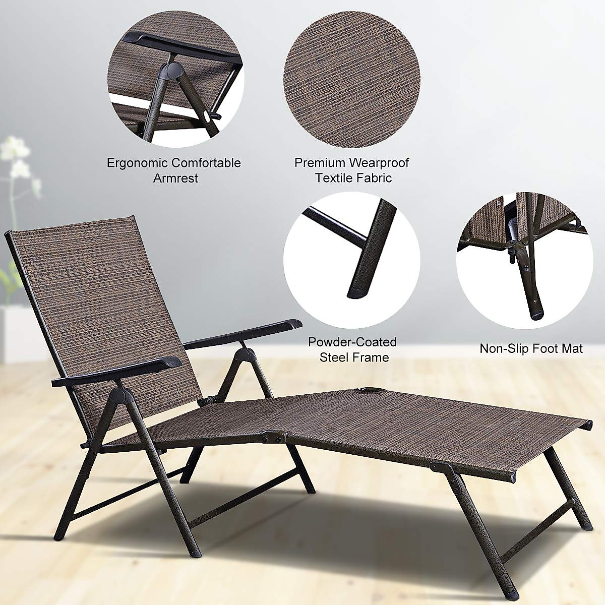 Giantex Set of 2 Chaise Lounge Chair with 5 Adjustable Reclining Positions, Patio Folding Recliner for Yard, Pool, Garden Beach Sunbathing Seat (2, Brown)