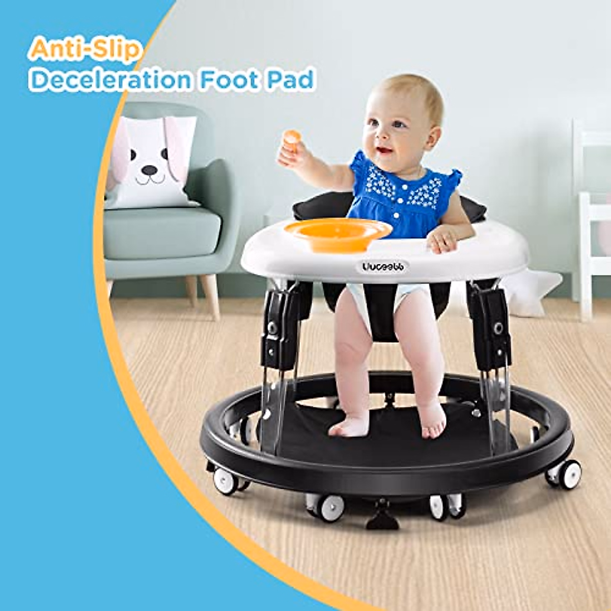 Uuoeebb One-Touch Folding Baby Walker, Anti-Roll 8-Wheel Round Chassis, 5-Speed Height Adjustment, with Large Dinner Plate and Brake. 6-18 Months Baby Walker.