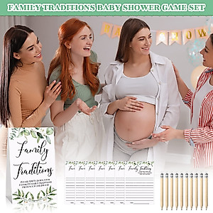 Fumete 61 Pieces Baby Shower Games Include Family Traditions Sign and 50 Baby Shower Family Traditions Cards with 10 Pencils for Baby Shower Party Decor (Greenery)