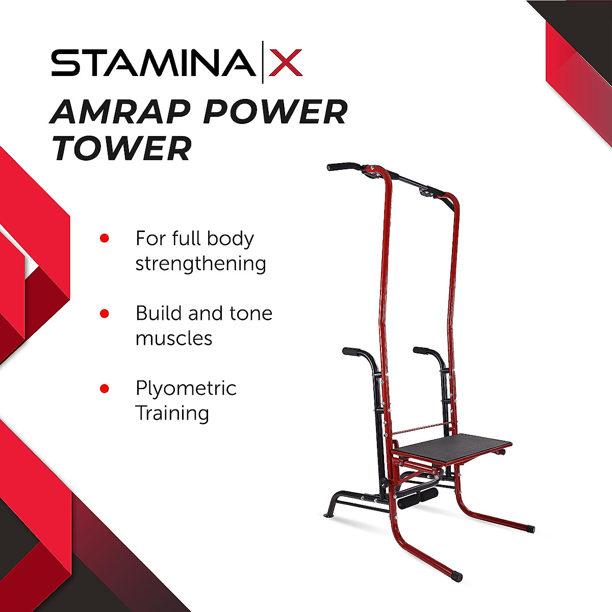 Stamina Power Tower w/Smart Workout App - Pull Up Bar Dip Station for Home Gym Strength Training Workout Equipment, Red/Black