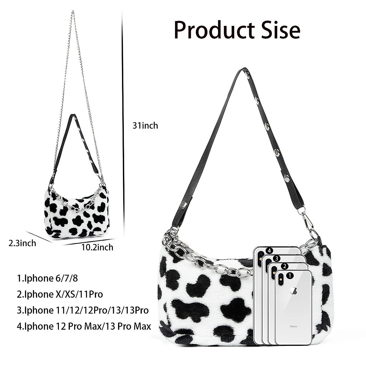 Veediyin fluffy bag cute tote bags Crossbody bags Handbag Plush Faux Fur animal print purses for women (White NN)