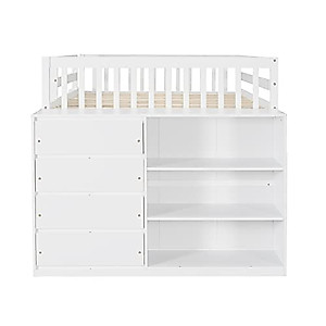 Full Over Full Bunk Bed with Storage Drawers and Shelves Wood Floor Bunk Beds with Cabinet for Kids Girls Boys, Teens, Adults, White