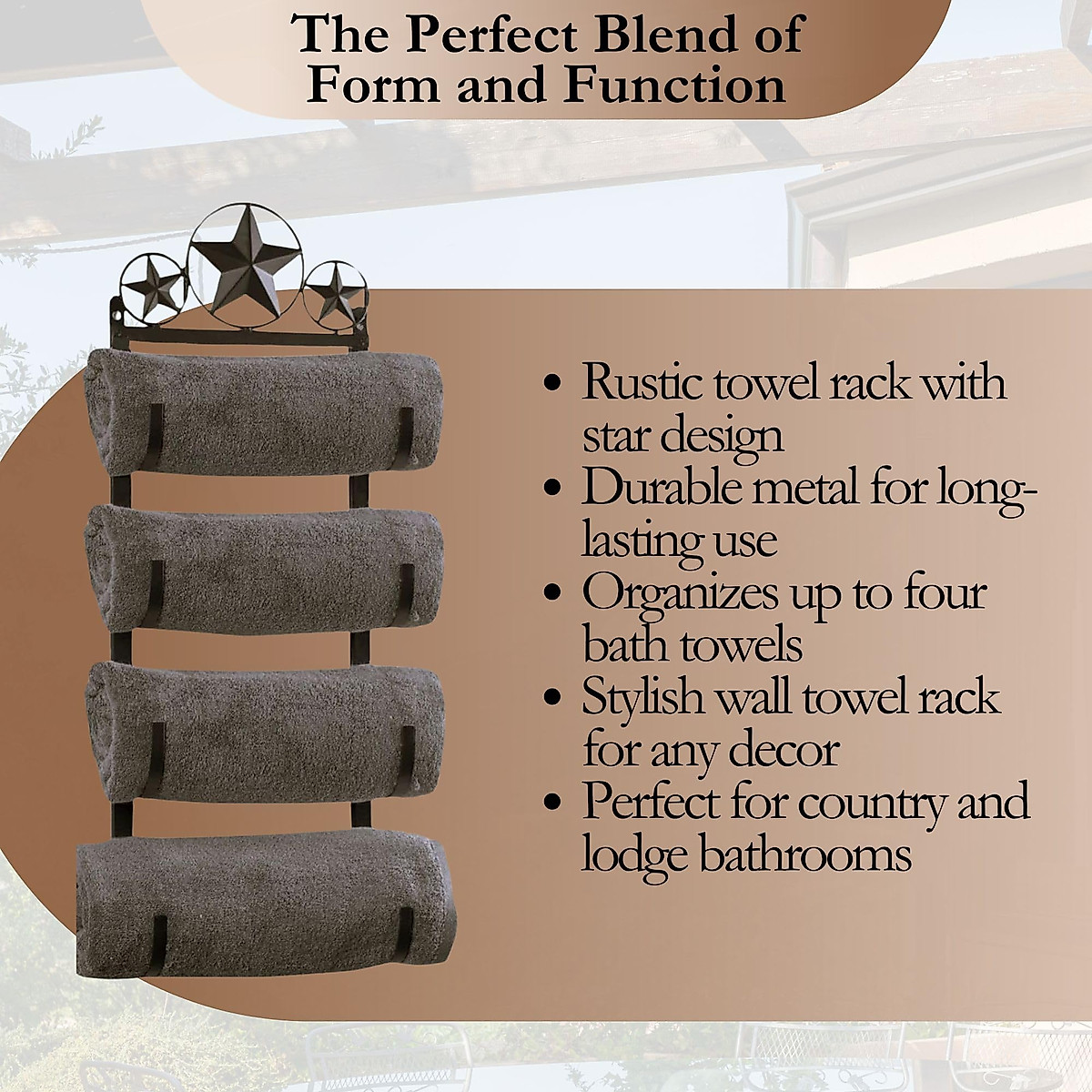 BestGiftEver Rustic Metal Star Towel Roll Wall Rack - Farmhouse Style Towel Rack for Western Bathroom Decor, Lodge and Cabin Decor, Decorative Wall Rack for Towels, Ideal for Country Home Owners