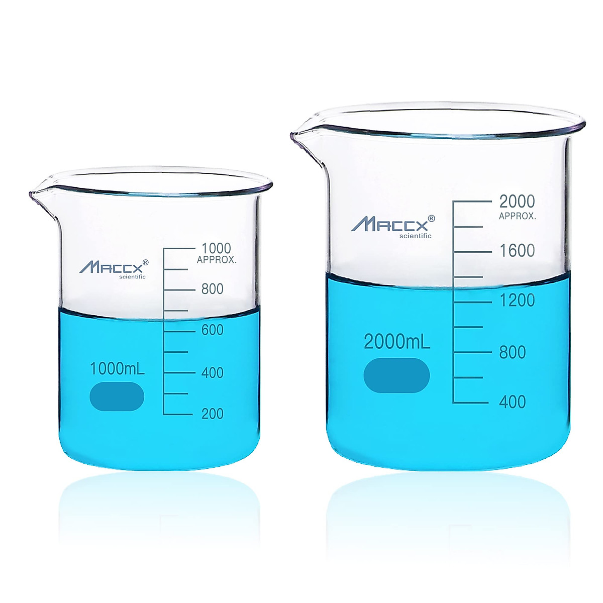 Maccx Sturdy Glass Beakers, 2 Sizes of 1000ml 2000ml,3.3 Borosilicate Griffin Low Form with Printed Graduation, BKLS06-002