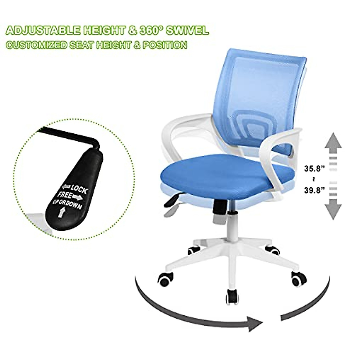 Geniqua Ergonomic Office Chair Mesh Desk Chair Computer Chair Lumbar Support Modern Rolling Adjustable Swivel Task Chair for Home Office, Blue