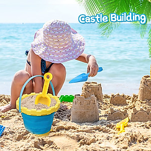 LNCOJOLM Collapsible Bucket Beach Bucket with Rake Spade Sifter Sandbox Toys, Foldable Sand Pail Shovel Castle Mold Garden Tool Kits for Digging Camping Fishing