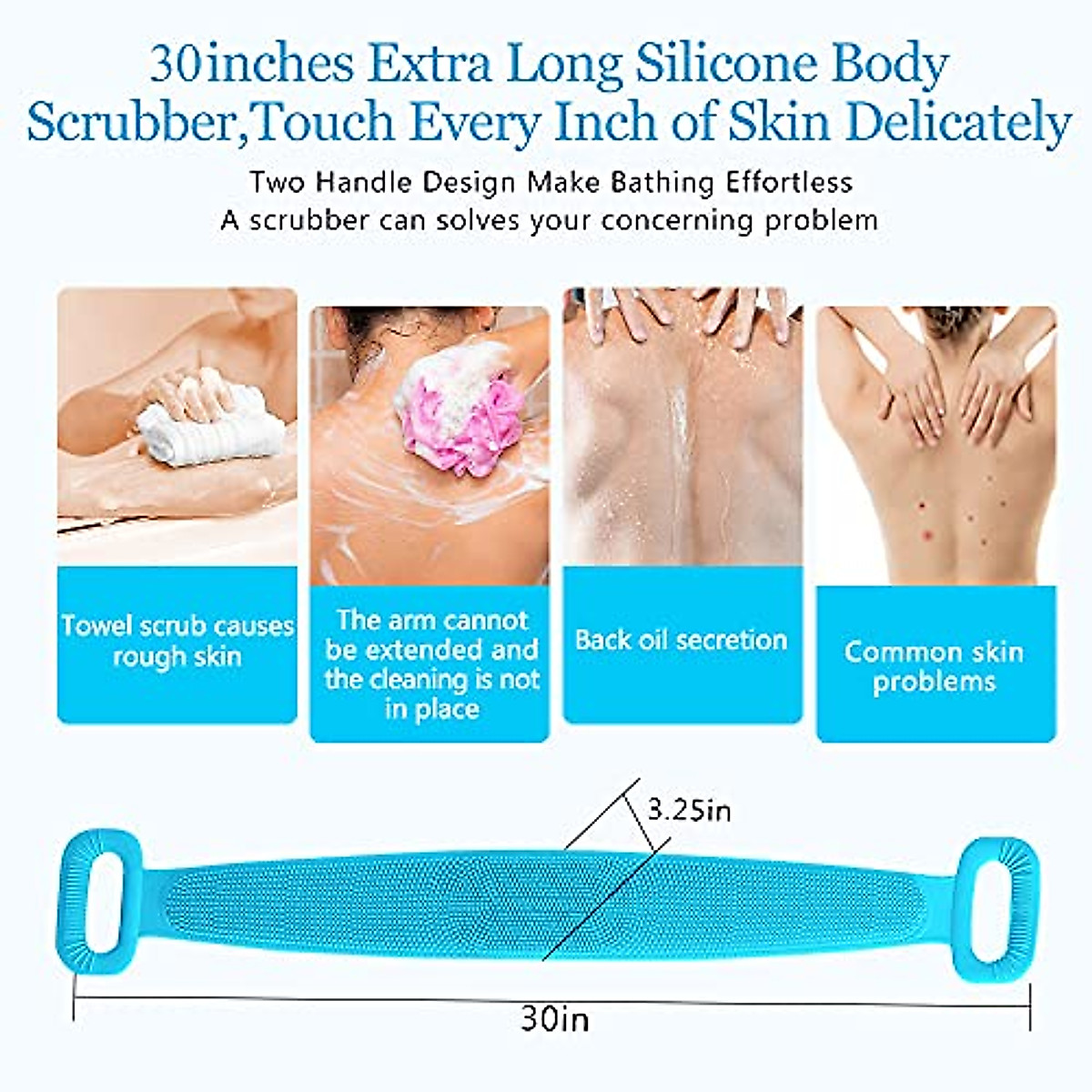 Inmorven Back Scrubber for Shower,30inches and 35½ inches Two Size for Choosing Silicone Exfoliating Bath Body Brush with Handle for Men and Women. (Blue)