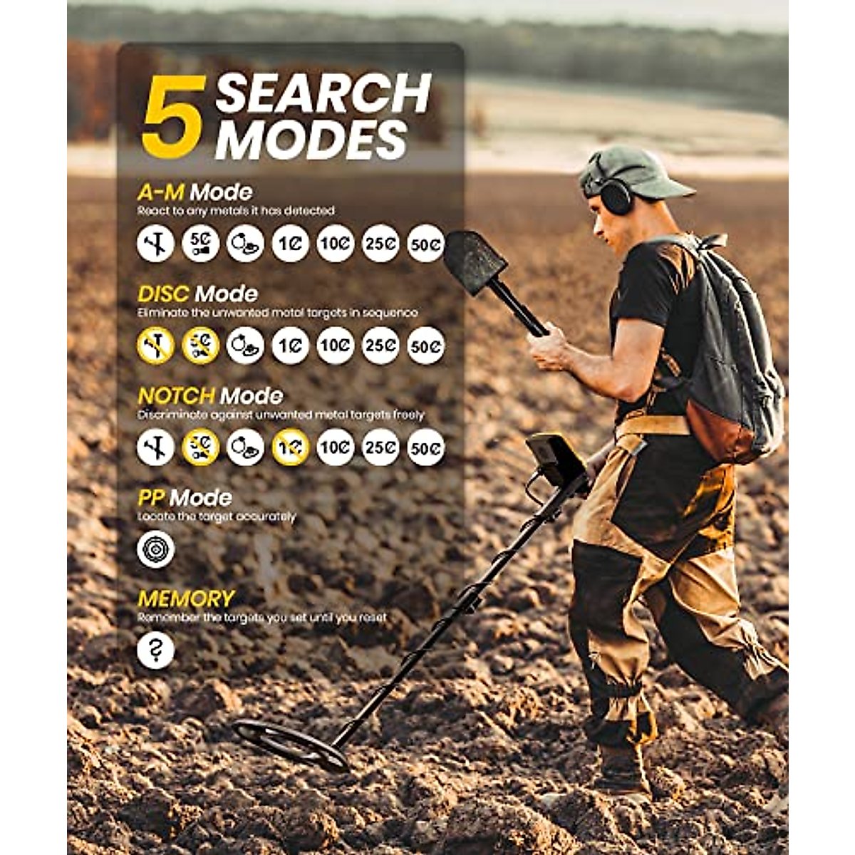 EENOUR Metal Detector for Adults Waterproof - Professional High Accuracy Metal Detectors with 5 Mode, 10" Coil, 10" Detection Depth, Larger LCD Display, Advanced DSP Chip for Treasure Hunting - GC1078