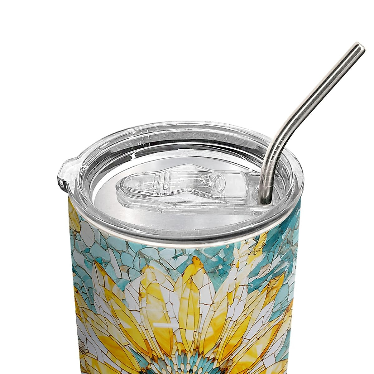 ORCAE 20oz Beautiful Colorful Daisy Flower, Stained Glass Style Flowers, Yellow White Flower Tumbler Cup, Insulated Travel Mug with Lid, Coffee Thermos for Men, Women, Gifts for Women - K