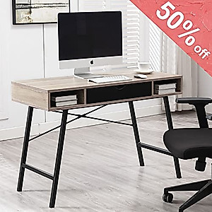 Bonzy Home Office Computer Desk with Drawer Student Writing Study Table 43 inches for Bedroom Dormitory Walnut Black