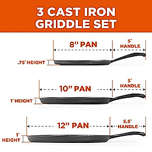 Commercial Chef Round Cast Iron Griddle Pan 3-Piece Set – 8-inch, 10-inch, and 12-inch - Pre-seasoned Griddle Cast Iron Cookware