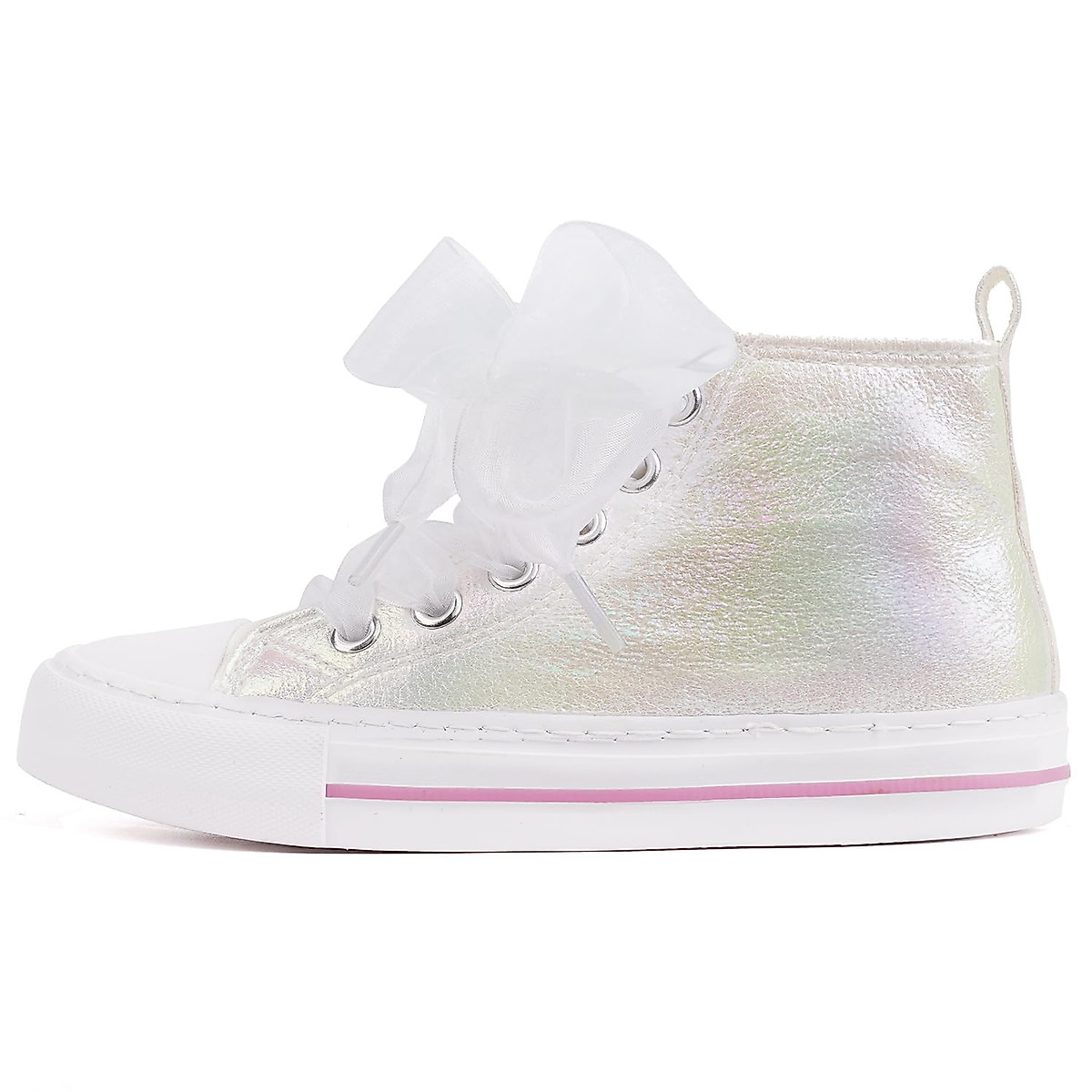 HugRain Kids Girls Sneakers Walking Shoes Bowknot Pearl Ribbon Lace Up Adorable Sparkle Glimmer Glitter Lightweight High Top Classic Non-Slip Outdoor White Size 2
