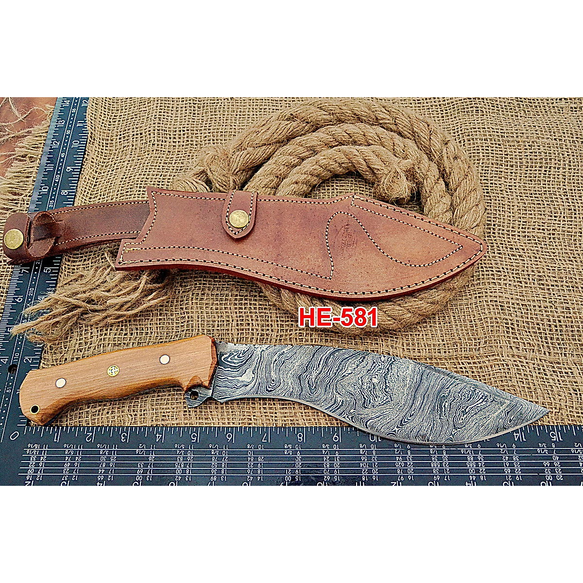HUNTEX Handmade Hand-Forged Twist Pattern Damascus Steel 15 Inch Long Full Tang Natural Oak Wood Handle Razor Sharp Hunting Camping Kukri Knife w/Genuine Leather Sheath