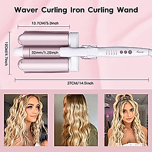 3 Jumbo Barrel Curling Iron Waver Curling Wand-1.25 Inch Ceramic Tourmaline Triple Barrels Dual Voltage Temperature Adjustable Big Waves Hair Crimper