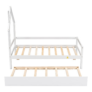 Harper & Bright Designs Twin House Bed for Kids with House-Shaped Headboard, Wood Twin Size Platform Bed with Trundle,Cute Twin Daybed Frame for Boys Girls, White