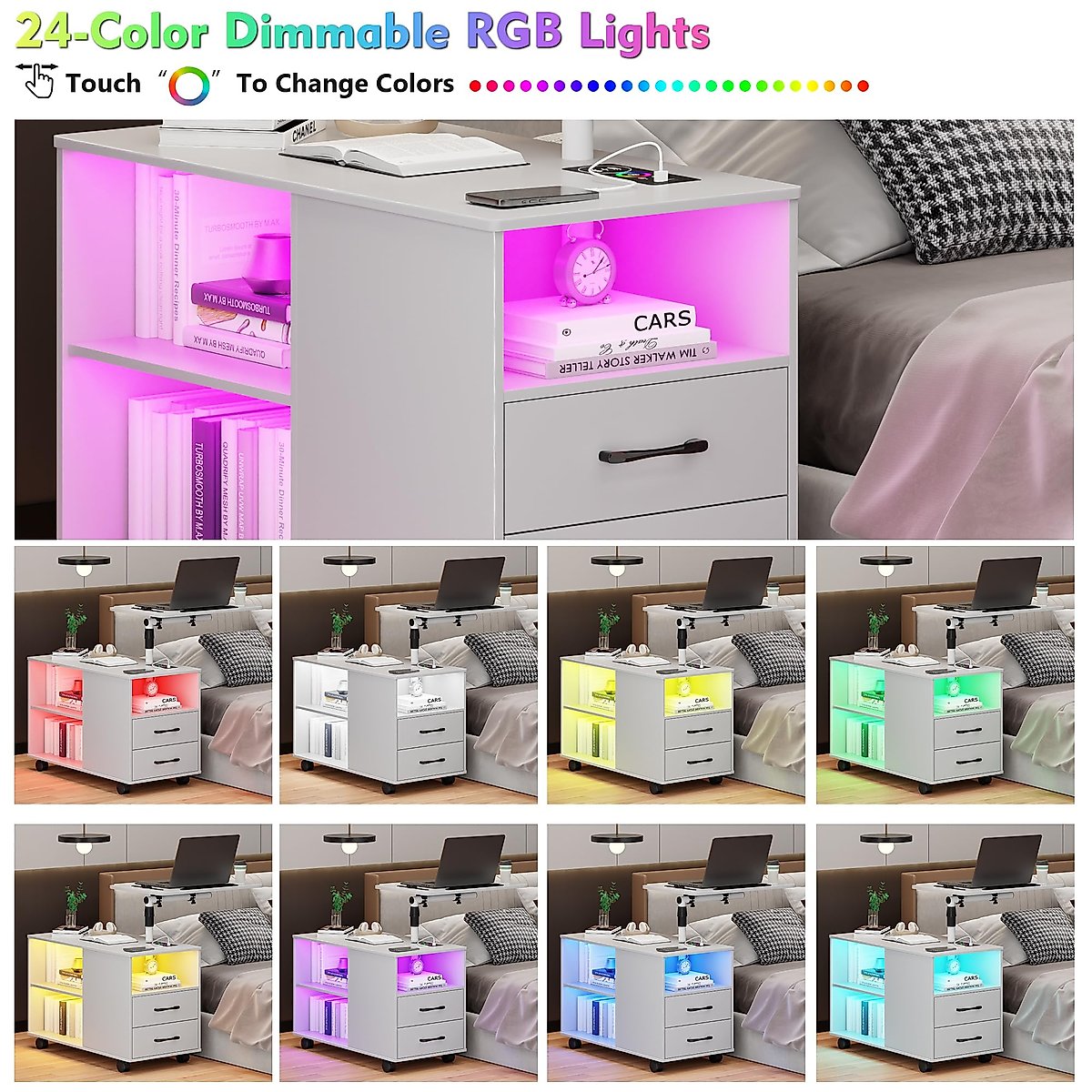 Gurexl 360° LED Nightstand with Wireless Charging Station, Movable Adjustable Bedside Table with Laptop Tray, Auto Sensor Night Stand with 24 Color Dimmable