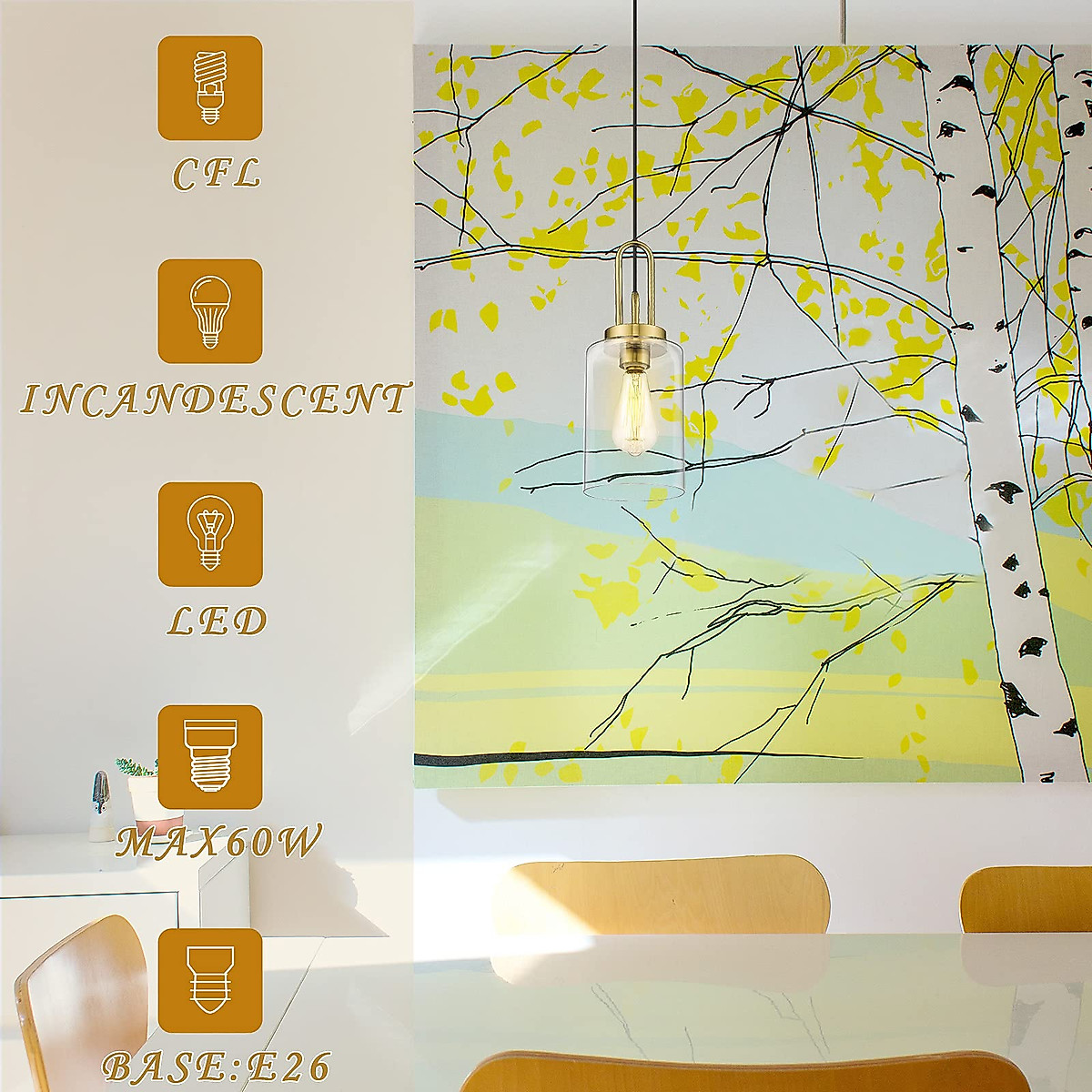 Emliviar Modern Gold Pendant Light - Kitchen Island Hanging Light with Clear Glass Shade in Gold Finish, YCE236 M1L BG