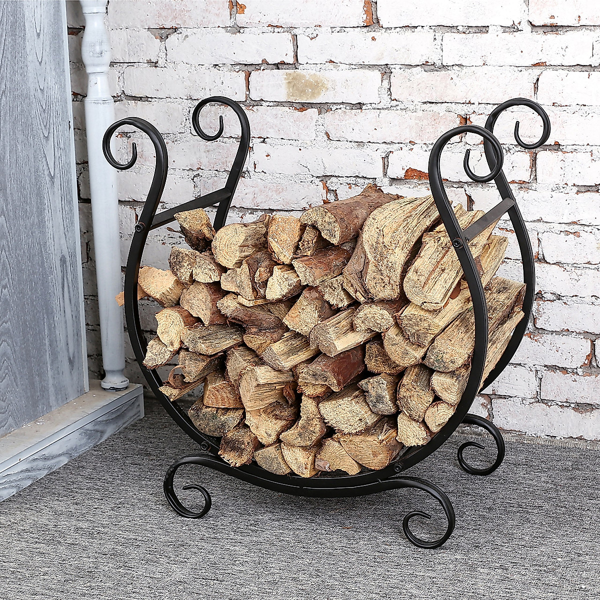MyGift Black Metal Firewood Rack, Freestanding Fireplace Log Storage Holder with Scrollwork Design