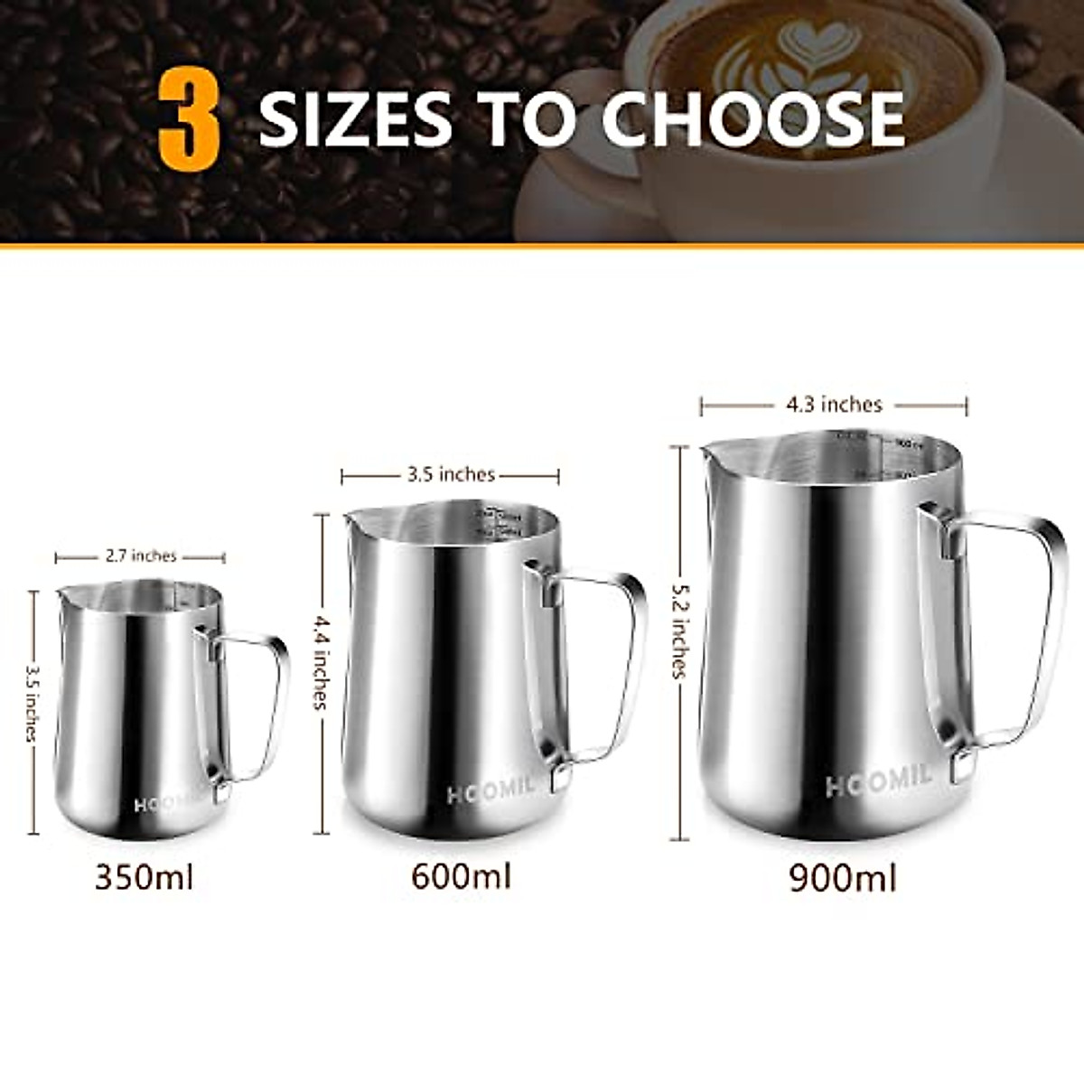 HOOMIL Milk Frothing Pitcher, 12oz/350ml Stainless Steel Steaming Pitcher Barista Milk Frother Cup Jug for Espresso Machine Coffee Cappuccino Latte Art - Silver