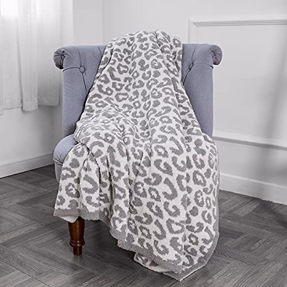 Throw Blanket Soft Fuzzy Fluffy Leopard Knit Throw Blanket, Cozy Plush Fleece Comfy Microfiber Cheetah Blanket for Couch Sofa Bed, Stone/Cream
