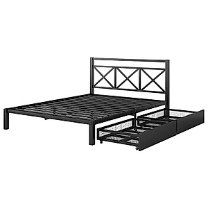 Queen Size Platform Bed Frame, Metal Bed Frame with 2 Storage Drawers Queen Bed Frame with Headboard More Sturdy, Noise-Free, No Box Spring Needed, Easy Assembly, Black