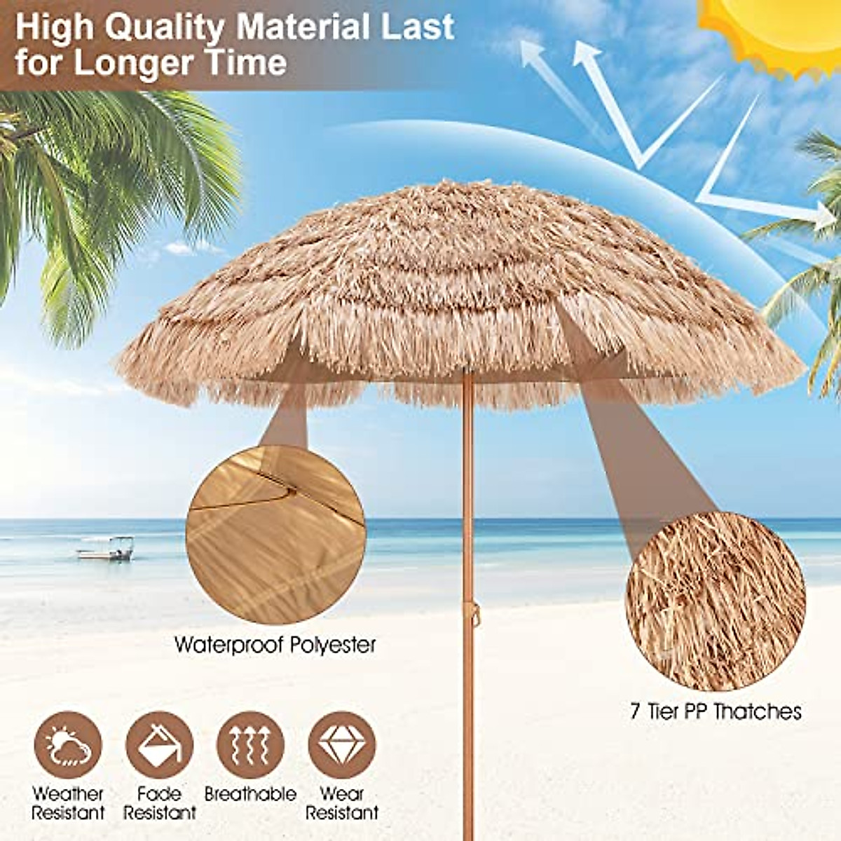 TANGKULA 7.2 FT Thatched Patio Umbrella, Hawaiian Style Grass Beach Umbrella with Tilt Adjustment, 8 Ribs, Tropical Palapa Tiki Umbrella for Garden, Yard, Poolside