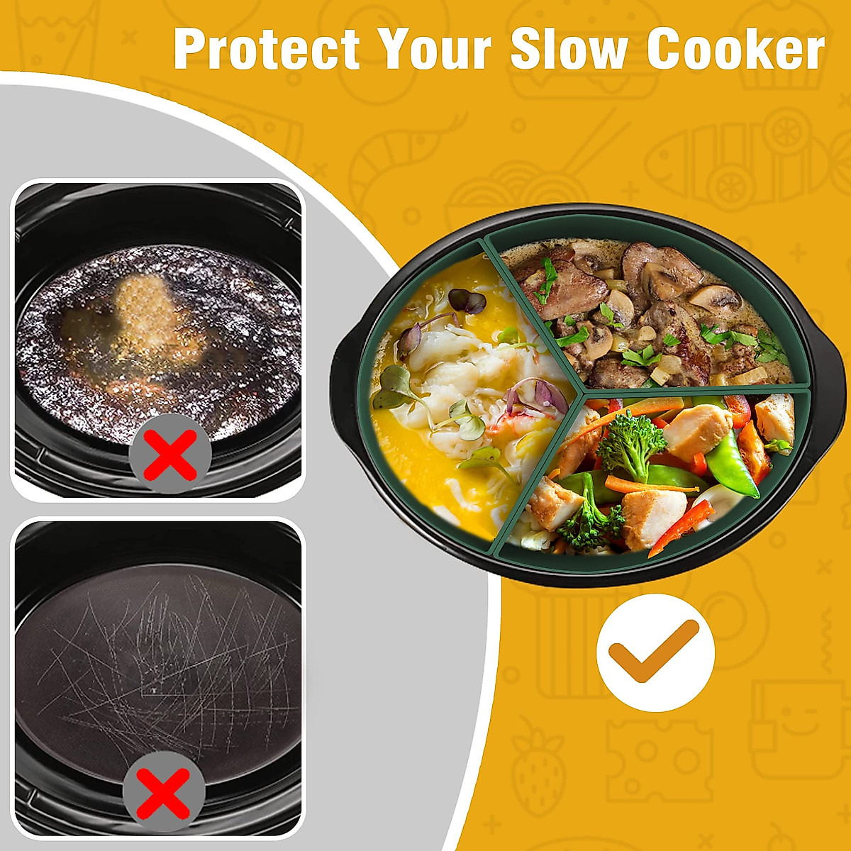 Slow Cooker Liners - Crock Pot Liners Silicone Insert Divider 3 IN 1, For 6 Quart Oval Slow Cookers, Reusable Silicone Slow Cooker Liner For Crock Pot Divider Insert, Dishwasher Safe BPA Free,6QT