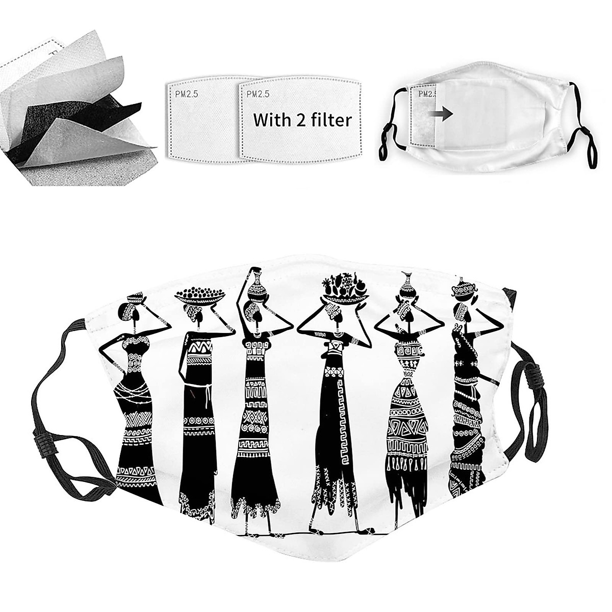 SARNFANS African Reusable Face Masks with adjustment Earloop,Local Women with Dresses,Protection 5-ply Breathable Face Masks for Adult,Black and White