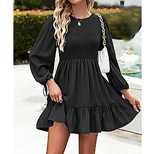 ZESICA Women's Long Sleeve Smocked Dress Spring Casual Crew Neck Tiered Swing Cocktail Wedding Party Mini Dresses,Black,Medium