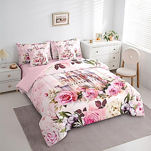 Manfei Girls Princess Full Bedding Set 7 Pieces,Cartoon Castle Pink Comforter Sets,Blooming Flowers Bedding Comforter Sets with 1 Comforter,2 Pillowcases,2 Pillow Covers,1 Flat Sheet,1 Fitted Sheet