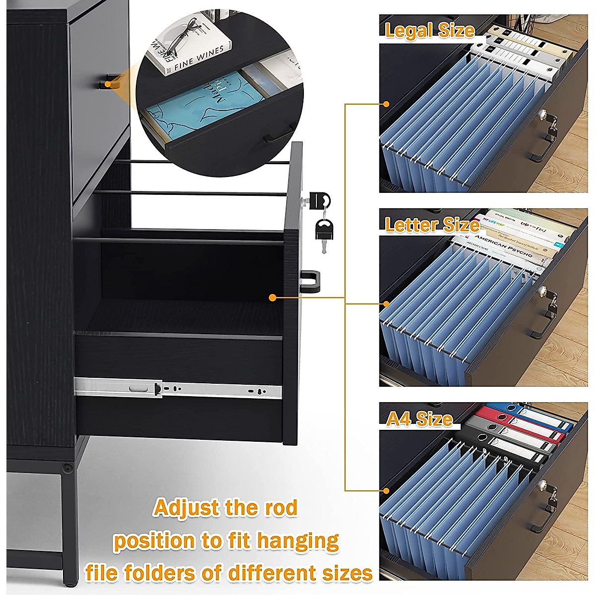 Jehiatek File Cabinets for Home Office with Lock 2 Drawer, Office Organization and Storage, Large Vertical Filing Cabinet with Bookshelf, Sturdy, Durable, Easy to Assemble and Clean (Black)