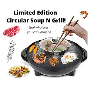 Soup N Grill Circular Edition Hotpot Grill Combo Indoor Korean BBQ, Shabu Shabu Electric Hot Pot with Divider, Portable with Free Strainer Scoops, Extra Long Chopsticks, Tongs, Cloths, Smokeless Grill