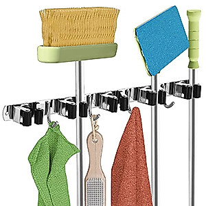 Kozci Mop and Broom Holder Wall Mount, Non-Slip Broom Organizer Wall Mount Self Adhesive Broom Hanger with 5 Racks 4 Hooks Stainless Steel Tools Rack Broom Storage Organizer for Kitchen Garden Garage