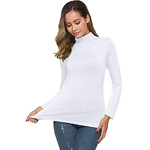 Women's White Long Sleeve Basic Layer Turtleneck Top Lightweight Slim Fit Soft T-Shirt Small