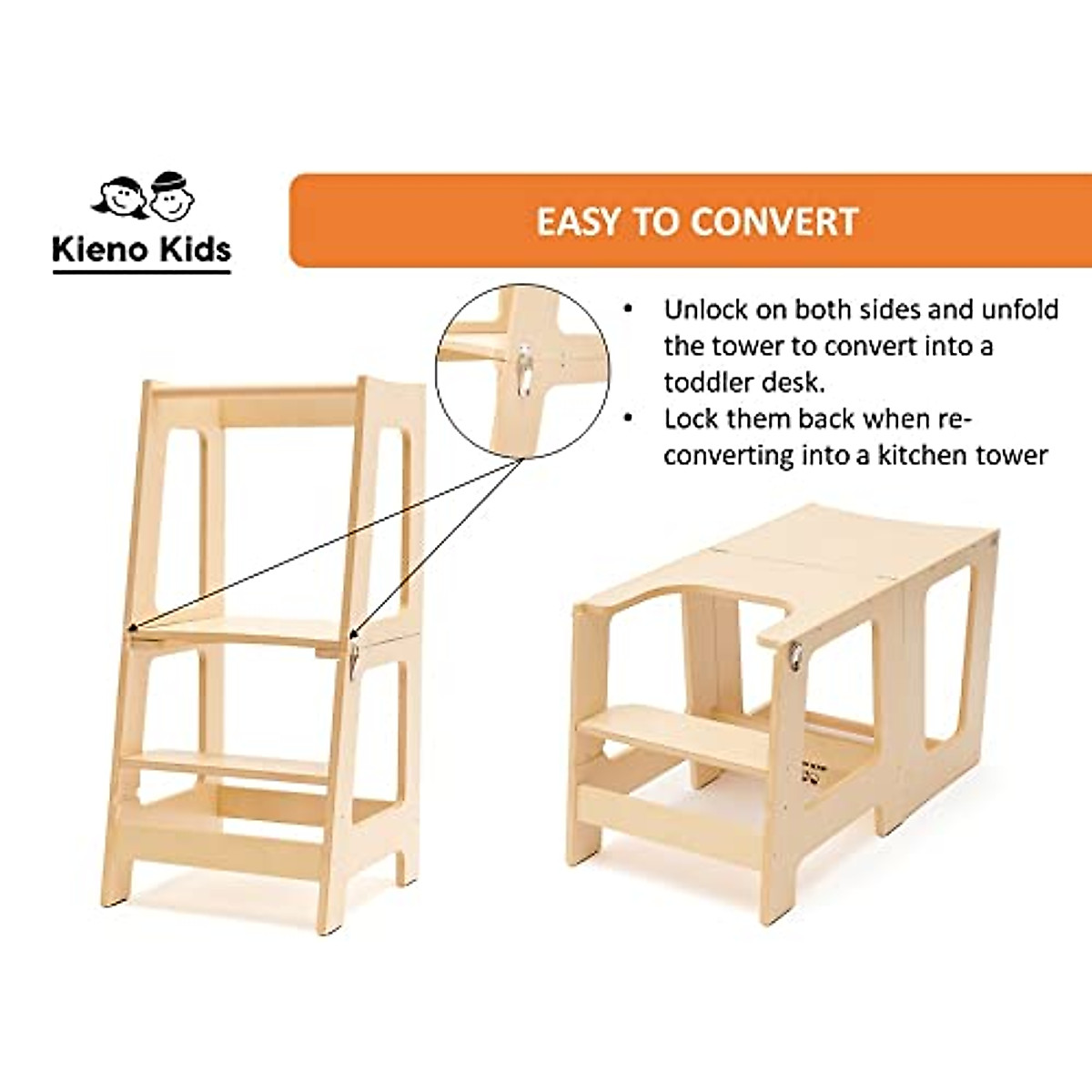 Learning Toddler Desk & Toddler Tower - Foldable 2 in 1 Kitchen Stool & Desk for Toddlers. Convenient Toddler Standing Tower, Converts Into a Toddler Table / Desk for Toddler (Natural Wood)